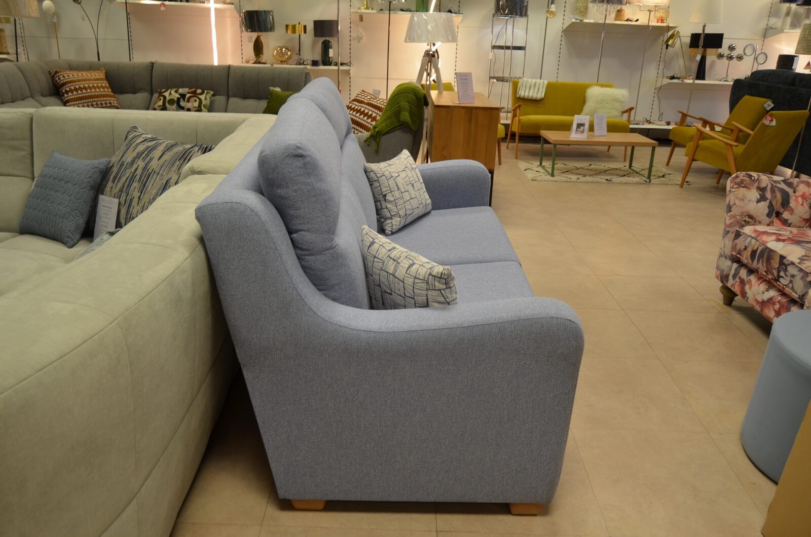 Aspen 3 Seater Sofa in Blue Fabric with Scatter Cushions Small Compact Settee Ex Display