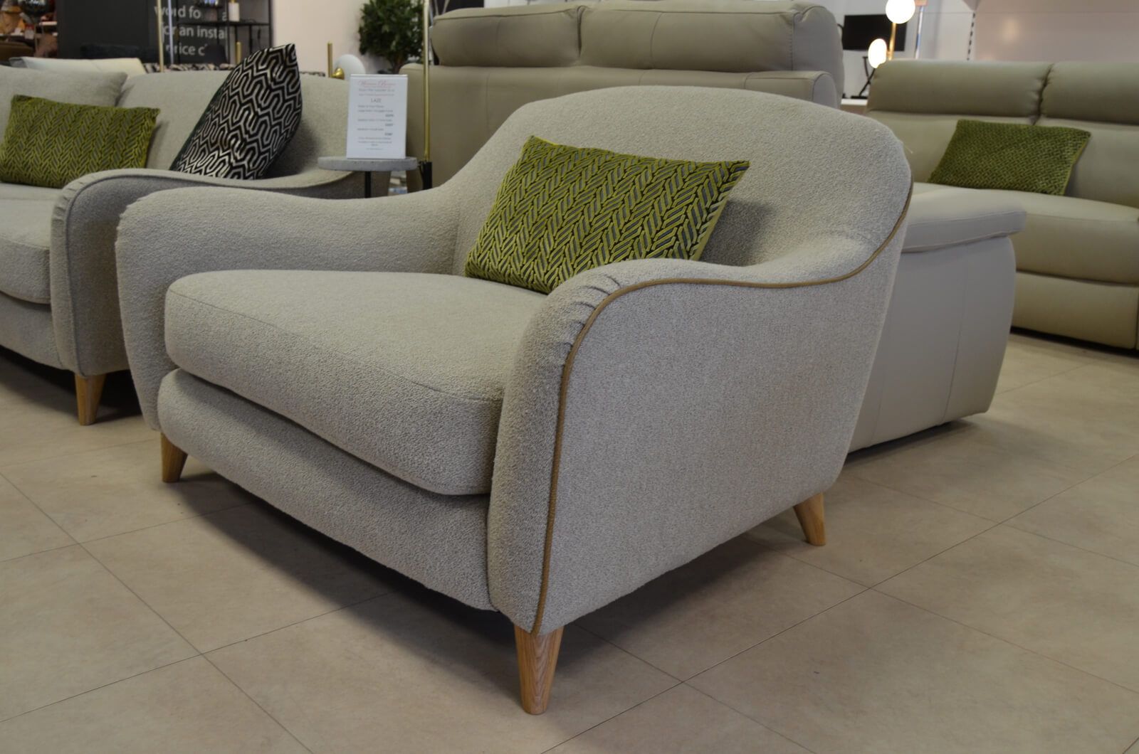 Lazy Snuggler Chair in Beige Boucle Fabric with Tan Leather Trim