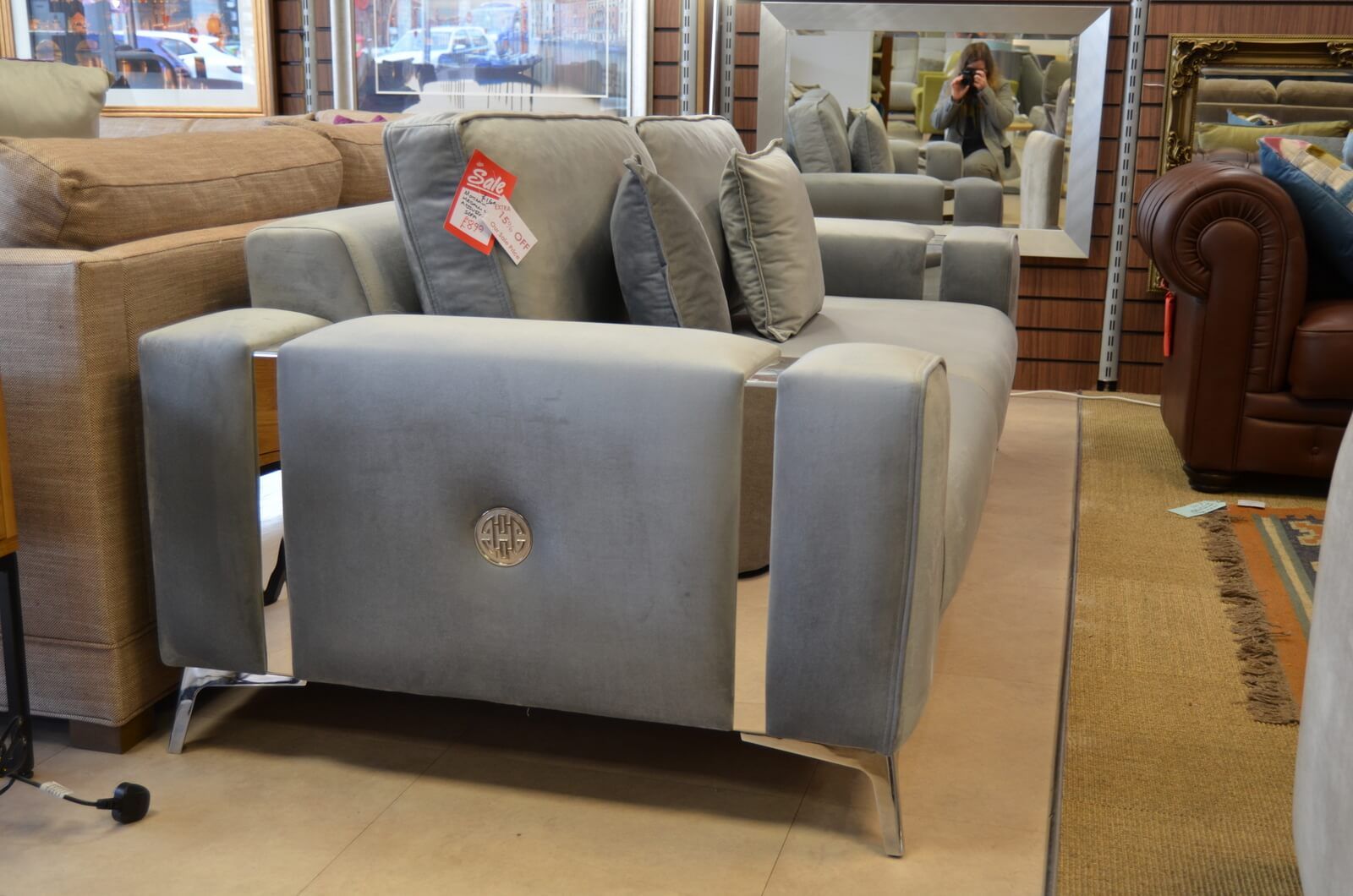 Mottram Large Silver Velvet Sofa with Medallion Design