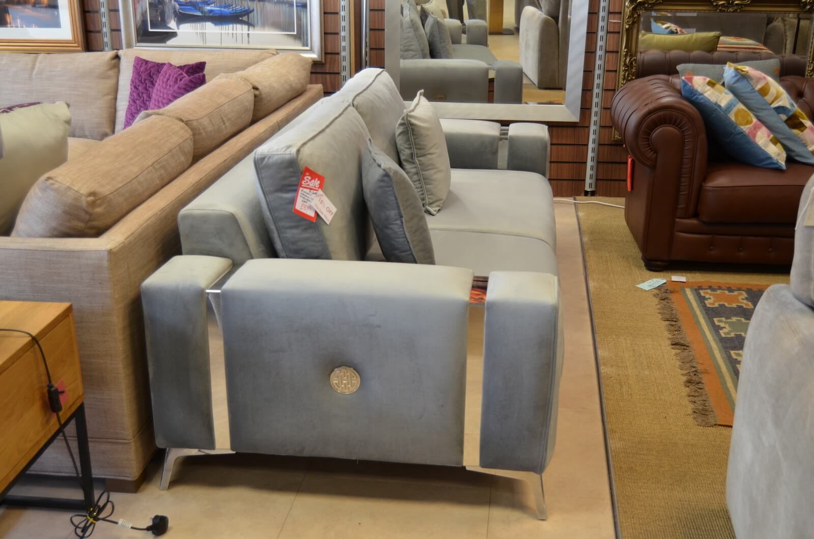 Mottram Large Silver Velvet Sofa with Medallion Design